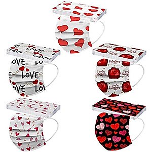 50 Pcs Valentine's Day Disposable Face_Mask for Adult, 3-Ply Breathable Love Hearts Printed Designs with Nose Wire (MultiColor_2)