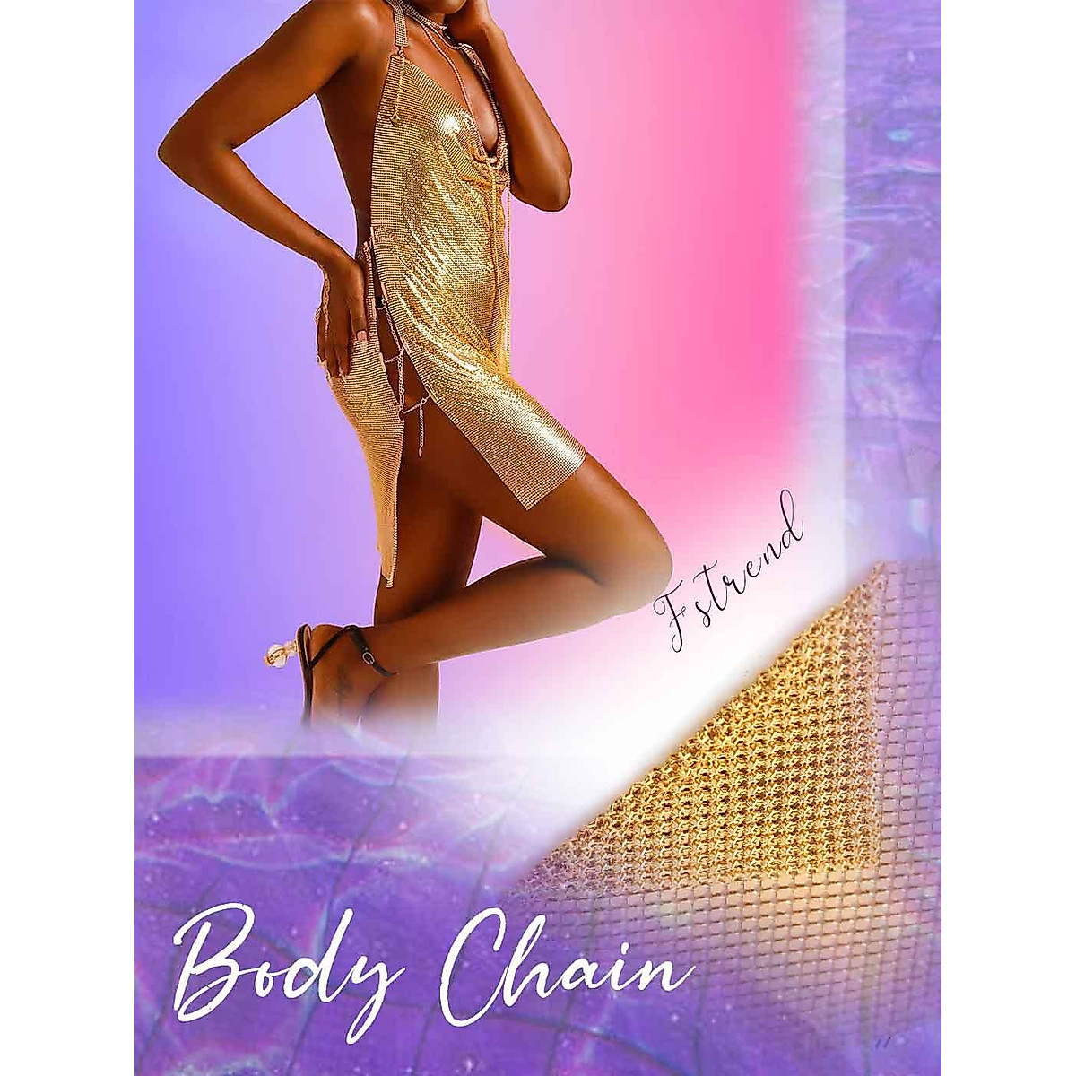 Fstrend Sexy Sequins Short Dress Slit Gold Blackless Metal Skirts Cocktail Body Chain Beach Bikini Rave Clubwear Body Accessories Jewelry for Women and Girls