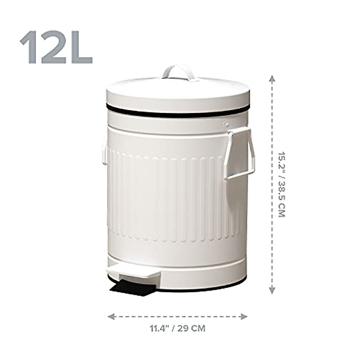 Retro Trash Can with Lid - 12L/3.2 Gal Step Trash Can w/ Soft Closing Lid - Round Garbage Can w/ Handles - Touchless Trash Can w/ Removable Garbage Guard Bucket - Outdoor Garbage Bin - Large Trash Can, White