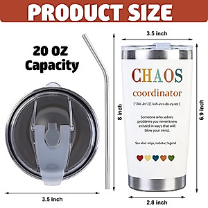 Chaos Coordinator Gifts for Women Thank You Gifts for Women Appreciation Gifts 20 Oz Stainless Steel Tumbler with Lid Straw Brush Unique Gift Idea for Women Lady Teacher Coworker Boss Office Gifts