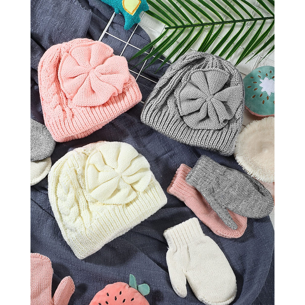 SATINIOR 6 Pieces Baby Winter Hats Infant Winter Warm Knitted Hat Gloves Set Toddler Beanie Mitten Gloves Set Newborn Baby Classic Beanie Warm Knitted Hats with Bow, Gray, White and Pink