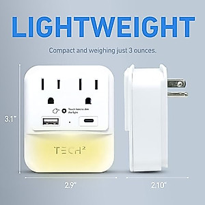 Tech2 Surge Protector with Night Light, 2 Outlet Power Strip with 2 (Smart 2.4A Total) USB-A and C Ports Adapter for Home, School, or Office