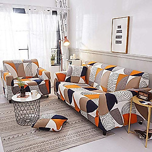 Shukii Stretch Couch Covers Sofa Covers Slipcovers for 4 Cushion Couches Geometry Printed Slipcovers Fitted Furniture Protector Couch Cover with 1 Pillowcases (4-Seater 87-112 inch)