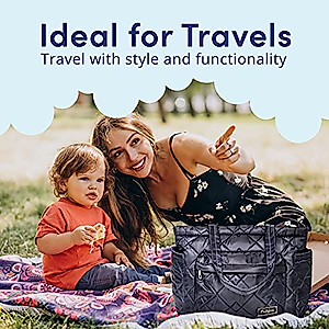 Great Travel Size Stylish Quilted Diaper Tote Bag, Gender Neutral Go Bag with Portable Changing Pad, Laptop Pocket, Shoulder Strap, and 2 Stroller Straps, Navy