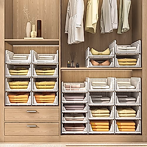 Pinkpum Stackable Plastic Storage Basket-Foldable Closet Organizers and Storage Bins 4 Pack-Drawer Shelf Storage Container for Wardrobe Cupboard Kitchen Bathroom Office 4L