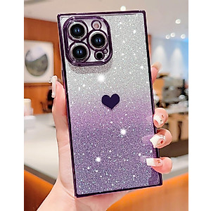 Tzomsze for iPhone 14 Pro Max Case Square [2 in 1] Clear &Glitter Cute Heart Pattern,Full Lens Protection & Electroplate Reinforced Corners Shockproof Edge Bumper Case [6.7 inches] -Purple