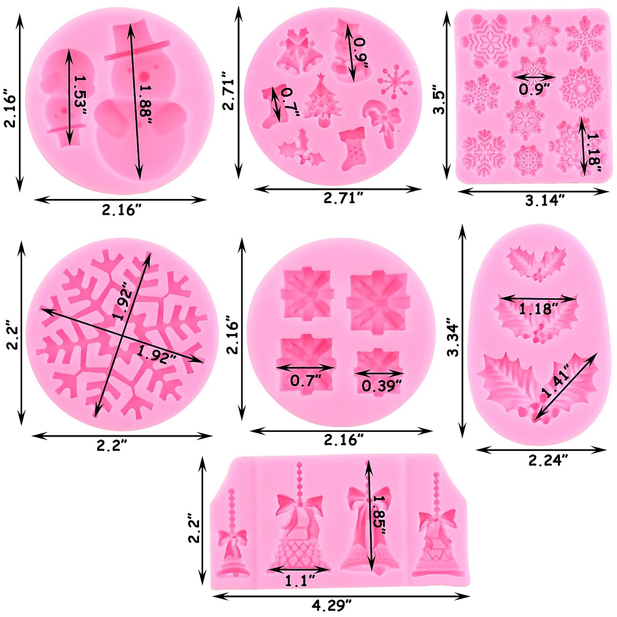 ZiXiang Christmas Silicone Molds Xmas Fondant Molds Christmas Tree Snowflake Bells Gift Box Snowman Holly Leaves Silicone Molds For Cake Decorating Cupcake Topper Candy Chocolate Gum Paste Set Of 7
