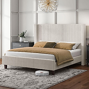 HOWE King Size Upholstered Platform Bed Frame, Wingback Bed with 50.8" Headboard, Corduroy/Solid Wood Leg/No Box Spring Needed/Noise Free/Cream