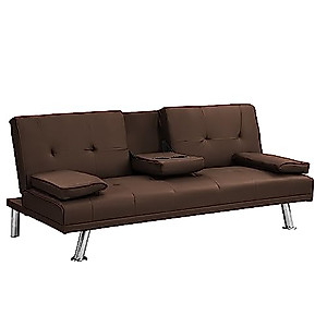 Anwickhomk Modern Upholstered Convertible Folding Futon Sofa Bed, Convertible Sleeper Sofa, Couch, Loveseat with Metal Legs,2 Cupholders,Removable Armrests for Compact Living Space (Brown)