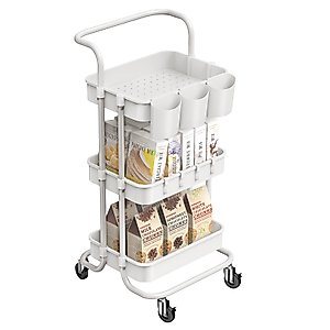 3-Tier Metal Rolling Utility Cart, Rolling Kitchen Cart with Adjustable Shelves Easy Assembly Storage Trolley with Lockable Wheels for Kitchen Bathroom Patio (White)