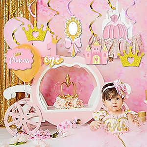 K KUMEED Princess Party Decorations,Pink Gold Princess Hanging Swirls,1st Birthday Princess Decorations for Girls,Cute Bow Crown Foil Ceiling Decorations for First Princess Party Supplies