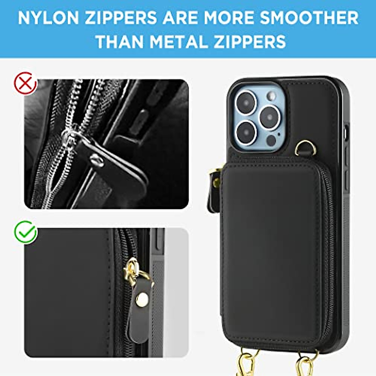 OUTXE iPhone 13 Pro Max Case Wallet for Women, Leather iPhone 13 Pro Max Wallet Case with Card Holder Wrist Strap Zipper, iPhone 13 Pro Max Purse Case Cover, 6.7 inch (Black)