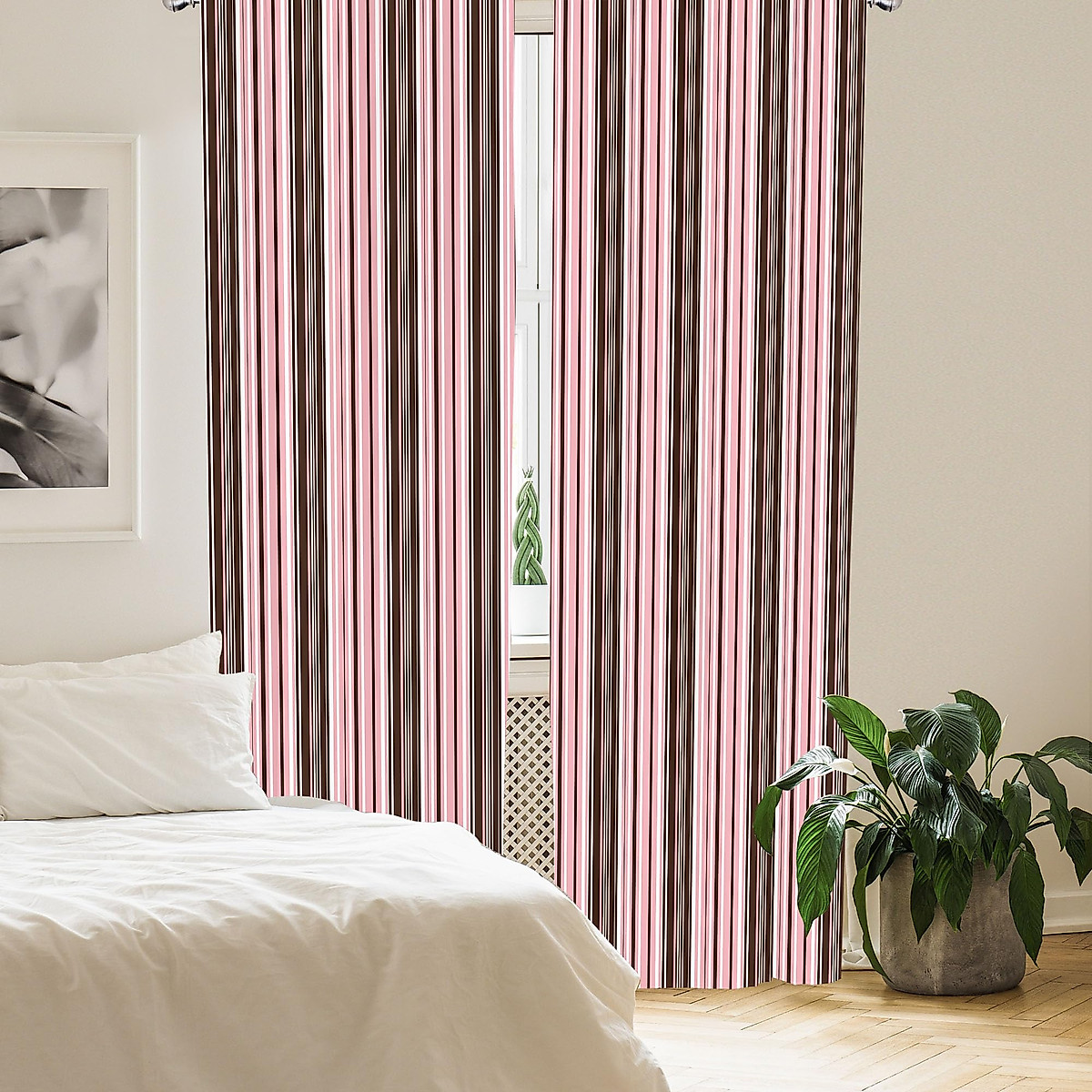 Lunarable Brown Curtains, Little Stars in Circles Pink Hearts Polka Dots on Dark Backdrop, Window Treatments 2 Panel Set for Living Room Bedroom, Pair of - 28" x 84", Brown Pink