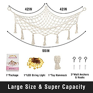 TECHMILLY Stuffed Animal Storage Hammock - 1 Pack Boho Plush Jumbo Toy Hanging Corner Net with LED for Nursery, Kids Bedroom, Play Room