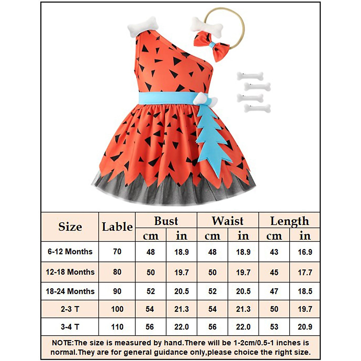 Obavioy Baby Girl Caveman Costume Toddler Cavegirl Dress with Bone Headband Hair Clips Halloween Party Outfit Orange 12-18 Month