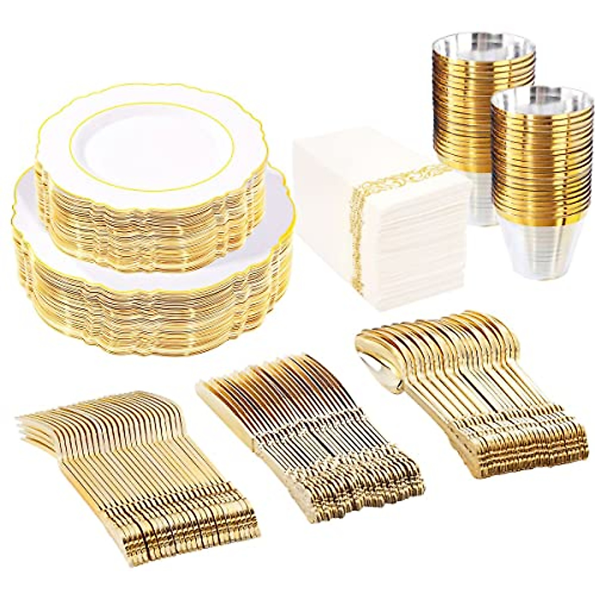 WDF 50Guest Gold Plastic Plates - Disposable White and Gold Plastic Plates include 100Plates, 150Gold Plastic Silverware, 50Cups, 50Napkins Plates for Wedding&Parties