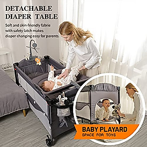 zebrater 5 in1 Baby Bassinet Bedside Crib,Pack and Play Bedside Sleeper with Waterproof Sheet & Mattress,Large Pack n Play with Diaper Changer，Folding Portable Playard from Newborn to Toddler