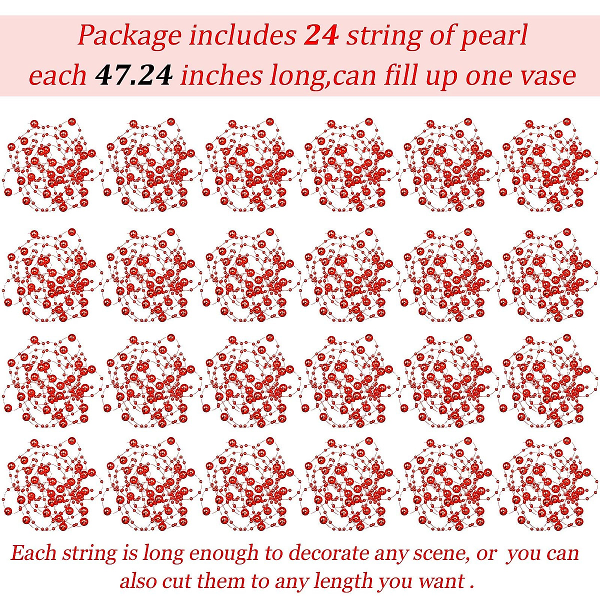 24 Pcs Artificial Pearl String for Floating Candle Faux Pearls Beads String Pearl Party Garland Decoration for Vases Filler Wedding Centerpiece Christmas Party Decor (Red)
