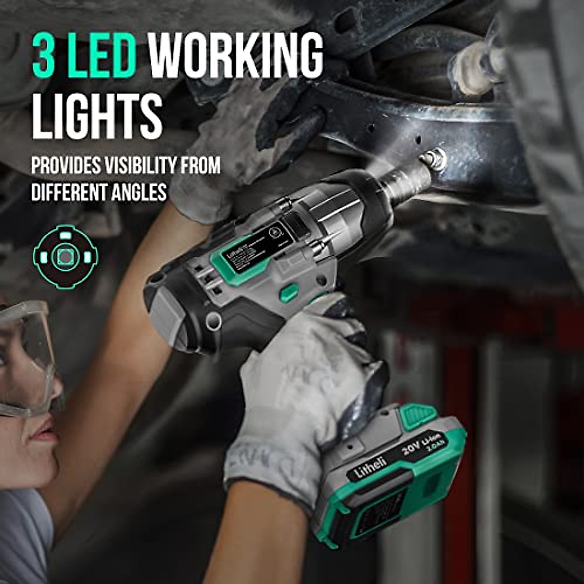 Litheli Impact Wrench Cordless, 1/2 inch Power Impact Driver with 320 ft-lbs(430N.m) Max Torque, 20V Impact Gun Kit with 2.0Ah Li-ion Battery ＆ Fast Charger for Car Home