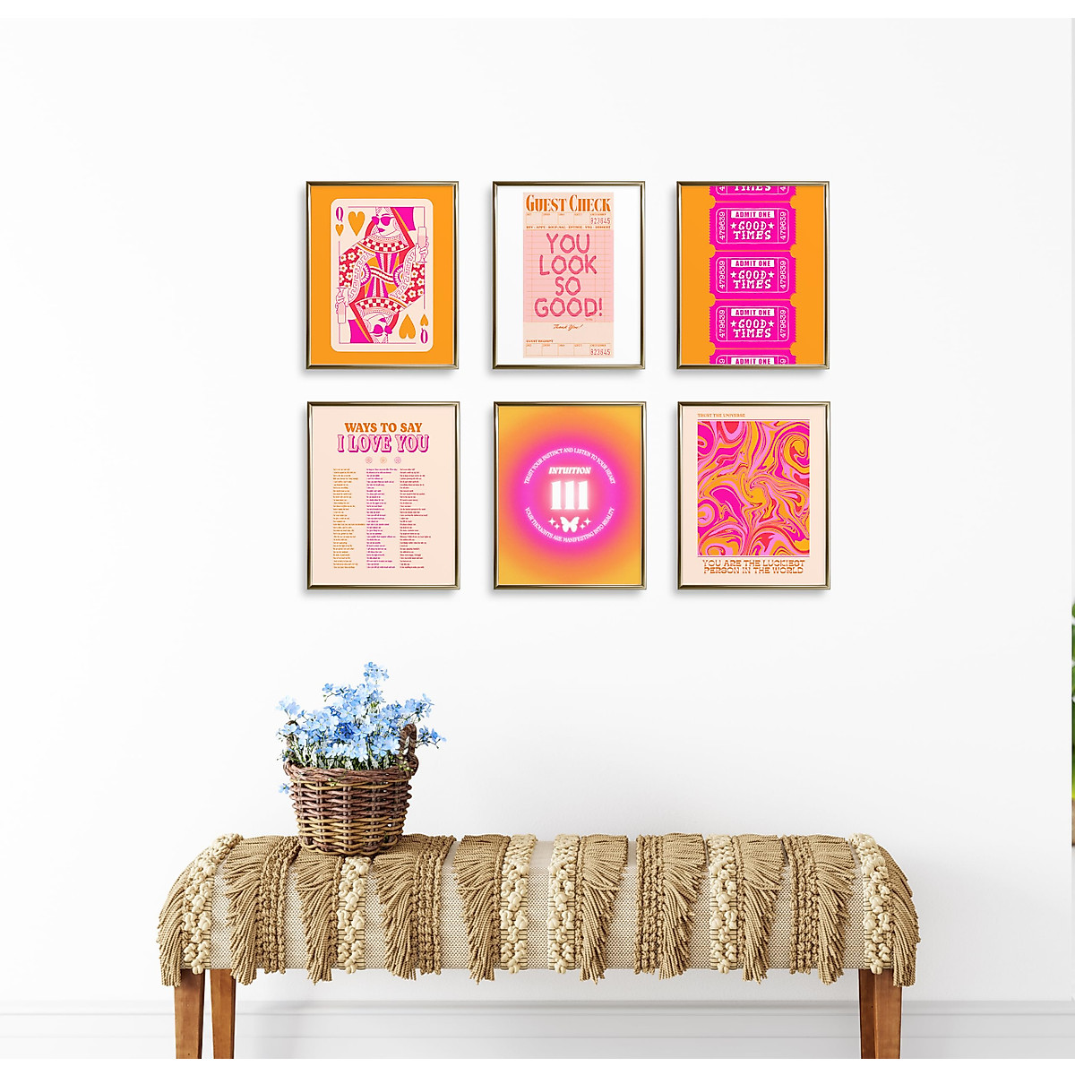TwoDays Trendy Retro Wall Art, Pink Preppy Room Decor Aesthetic, Cute Teen Girls Apartment Lucky Queen Poster, Funky Affirmation Pictures, Angel Number Prints (8" x 10", Set of 6, UNFRAMED)