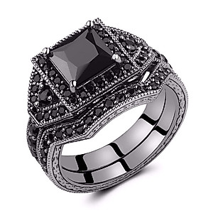 Castillna Black Cubic Zirconia CZ Simulated Diamond Princess Cut Solitaire Halo Bridal Engagement Wedding Rings Sets in Sterling Silver for Women