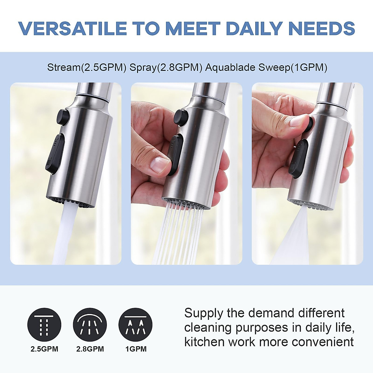 iVIGA Pull Down Faucet Sprayer Head Replacement, Brushed Nickel 3 Function Pull Out Spray Nozzle with 9 Adapters for Kitchen Sink Faucet, American Standard for Moen Kohler Delta G1/2 Male Connector