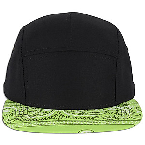 Bandana Brim Paisley Money Camouflage Camper 5 Panel Strapback Buckle Hat Cap (Black/Lime Green Aisley)