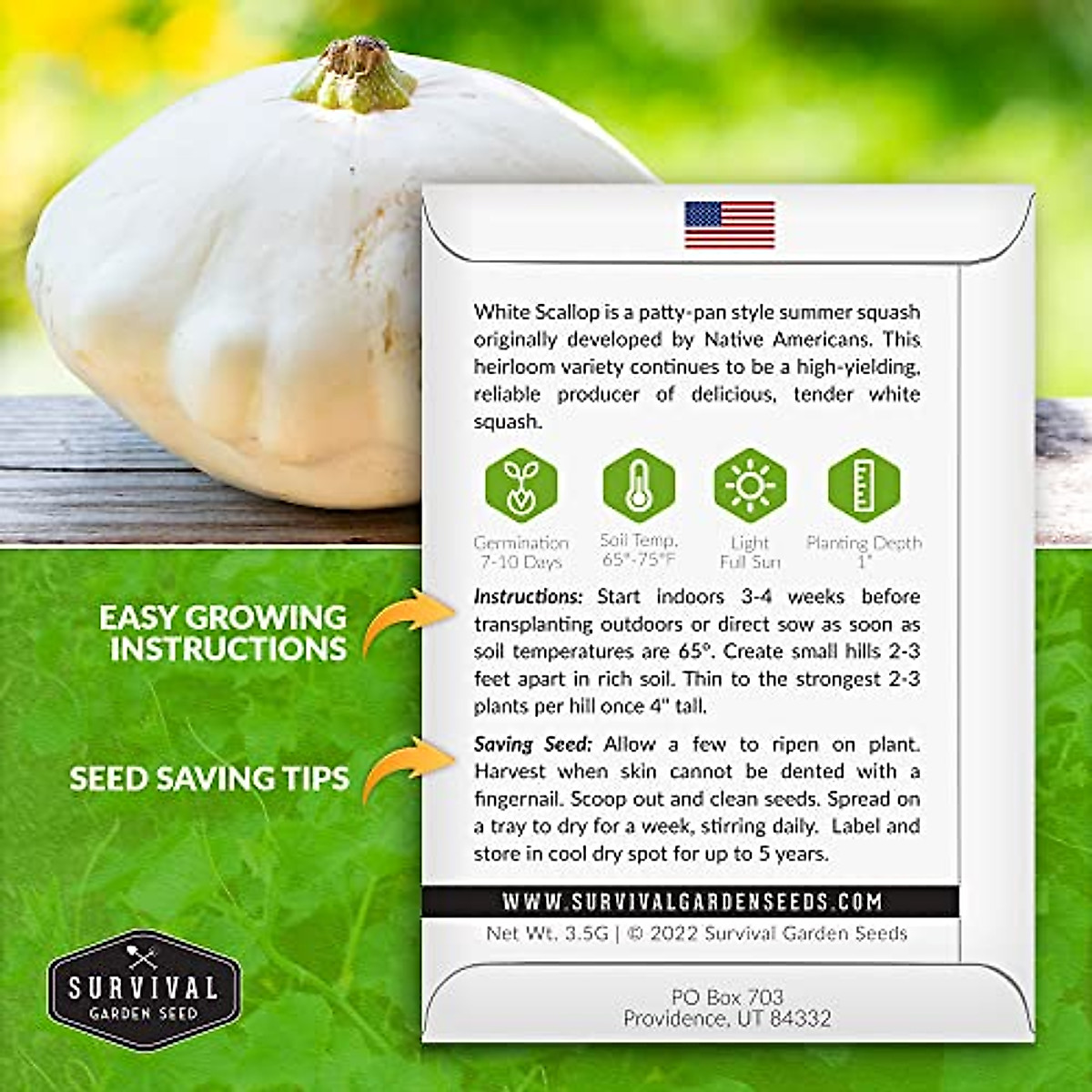 Survival Garden Seeds - White Scallop Summer Squash Seed for Planting - Packet with Instructions to Plant and Grow Patty Pan Squash in Your Home Vegetable Garden - Non-GMO Heirloom Variety