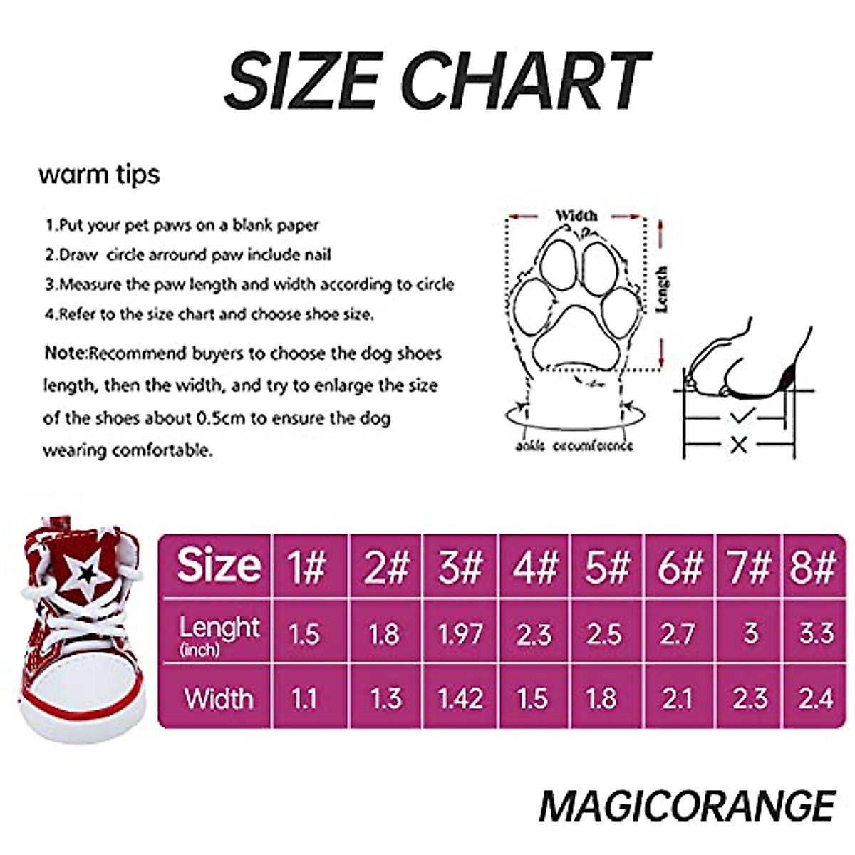 Magicorange 4 Pcs Pet Shoes Puppy Sport Denim Shoes, Outdoor Anti-Slip Sneaker Boot Causal Dog Shoes for Small Medium Size and Large Dogs (#2, Red)