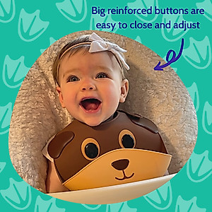 Silly Goose Set of 2 Silicone Animal Baby Bibs for Babies and Toddlers, Waterproof, Adjustable, Soft, Extra Wide Food Catcher Pocket (2PK Fox+Bear)