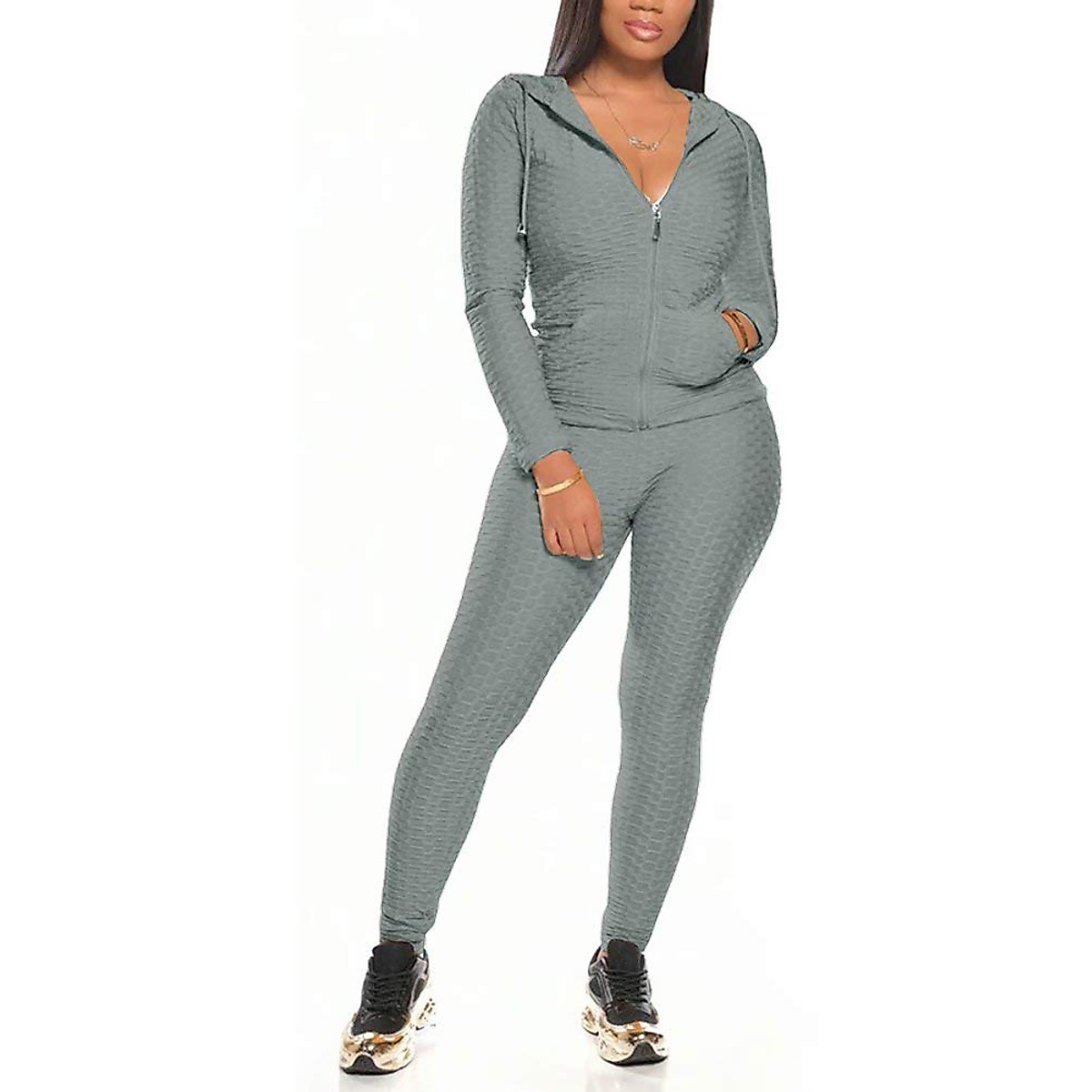 Fitness Exercise Workout Legging Clothes - Long Sleeve Zip Up Fitted Hoodies Top Long Skinny Pants Tracksuit Jogging Suits Grey S