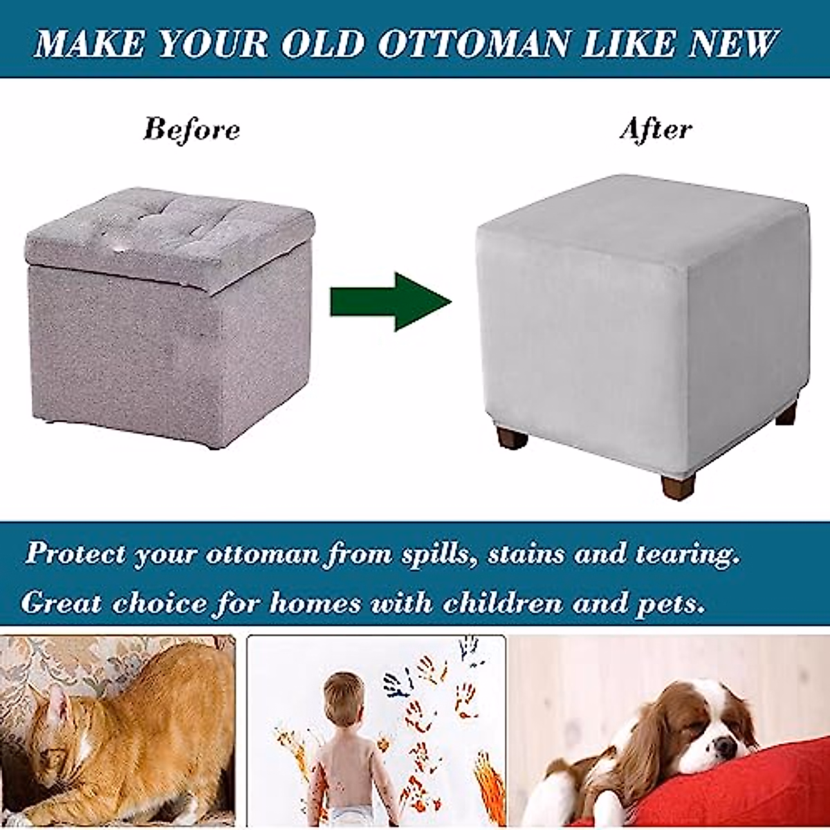 HFCNMY Ottoman Cover Square,Stretch Velvet Square Ottoman Cover Thick Ottoman Slipcover Square Washable Storage Ottoman Cover Foot Stool Cover with Elastic Bottom Light Gray Small