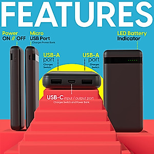 TalkWorks Power Bank Compatible with Nintendo Switch - Portable Charger Power Battery Pack with USB Ports & LED Battery Indicator - Easy-to-Carry External Battery Supply w/ 3-Foot USB-C Cable