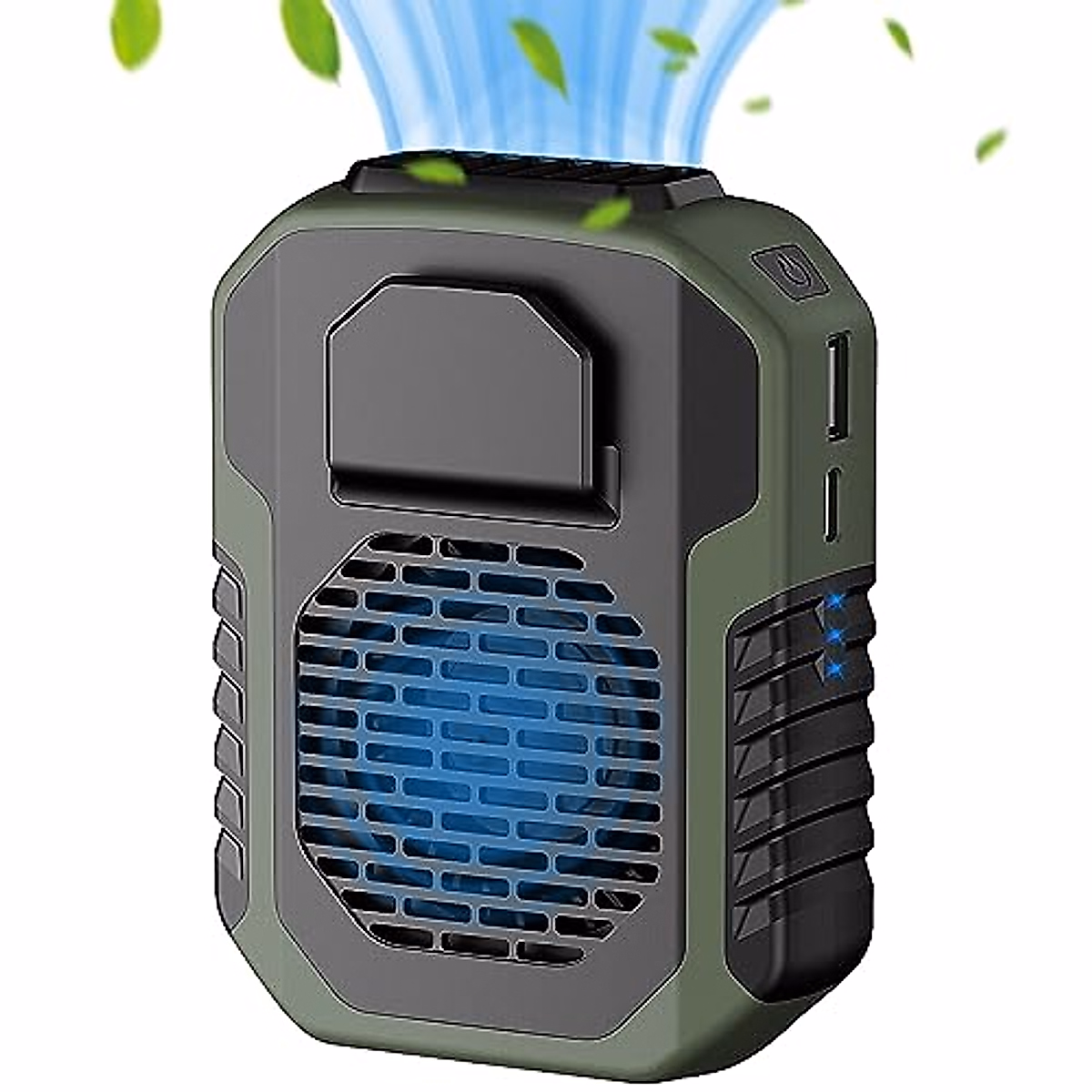Drosica Portable Waist Fan NecklaceFan, 6000mAh Mini Cooling Belt Fan, 6000RPM Strong Airflow, 3 Speeds, Rechargeable belt clip fan with USB port for Outdoor Works, Farm, Hiking, Camping (Green)