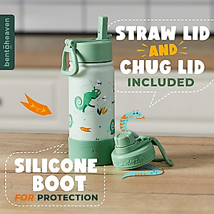 Bentoheaven Kids Water Bottle Stainless Steel for Boys & Girls, 2 Lids (Chug & Straw), Handle & Silicone Boot, Reusable Metal Leak-proof Insulated Tumbler, School & Sports 17oz (Green)
