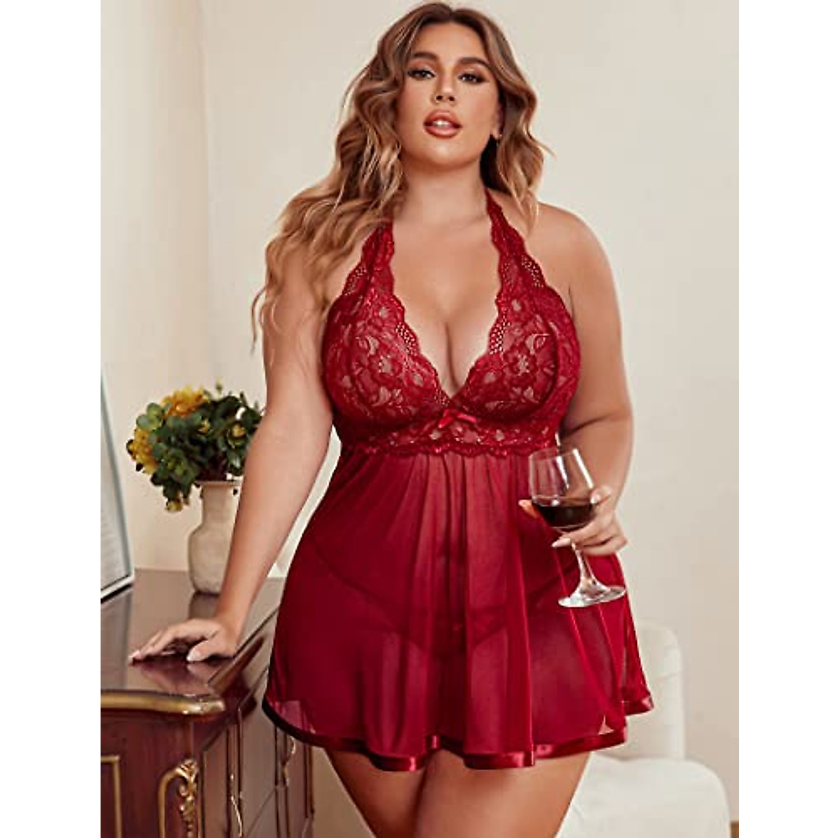 Avidlove Plus Size Lace Babydoll Lingerie For Women Sexy Nighty Mesh Deep V Sleepdress Cardinal Red