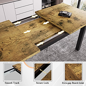 iPormis 5-Piece Dining Table Set for 4-8 People, Extendable Kitchen Table Set with 2 Benches and 2 Square Stools, Mid-Century Dining Room Table with Metal Frame & MDF Board, Saving Space, Rustic Brown
