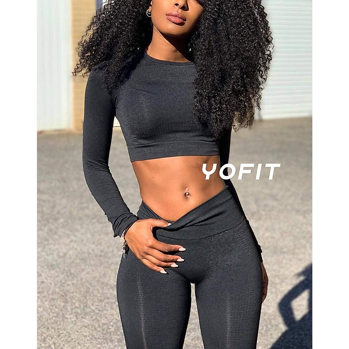 YOFIT Women 2 Piece Outfits Leggings+Long Sleeve Crop Tops Yoga Set Compression Skinny Tights Gym Fitness Pants Exercise Outfits