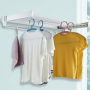 GNJINX Collapsible Wall Mounted Clothes Laundry Drying Rack - 7 Drying Rods with Towel Bar and Hooks, Space-Saver for Bedrooms Bathrooms Laundry Room Patios and Balcony - Easy to Install, White