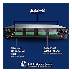 Juke-8: 8 Zone Multi-Room Amplifier | Stream Wirelessly via Airplay 2, Spotify Connect, Bluetooth, DLNA | App Controlled Audio System