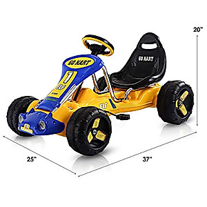 Costzon Kids Pedal Go Kart, 4 Wheel Ride on Car, Pedal Powered Ride on Toys for Boys & Girls with Adjustable Seat, Pedal Cart for Kids 37"× 24.8"× 20.1" (Yellow)