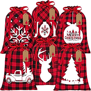 Aneco 6 Pieces Christmas Drawstring Gift Bags Red and Black Plaid Drawstring Bags with 24 Kraft Paper Tags and 16 Feet Rope Cotton Xmas Gift Bags for Christmas Party Supplies, 16 x 12 Inch