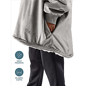 Bare Home Sherpa Fleece Wearable Blanket - Oversized Wearable Blanket Hoodie - Kids Size - Warm & Cozy - Soft Blanket - Comfortable Blanket Sweatshirt with Dual-Sided Pockets (Kids, Light Grey)