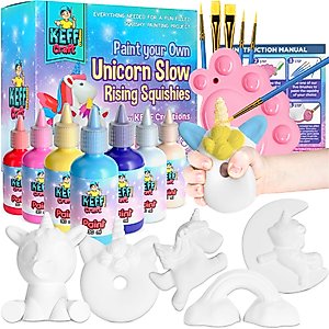 KEFF Paint Your Own Squishies - Unicorn Squishy Maker Painting Kit for Kids - DIY Arts & Crafts Gifts Toys for Girls and Boys with Glitter Puff Paints, Brushes and Palette