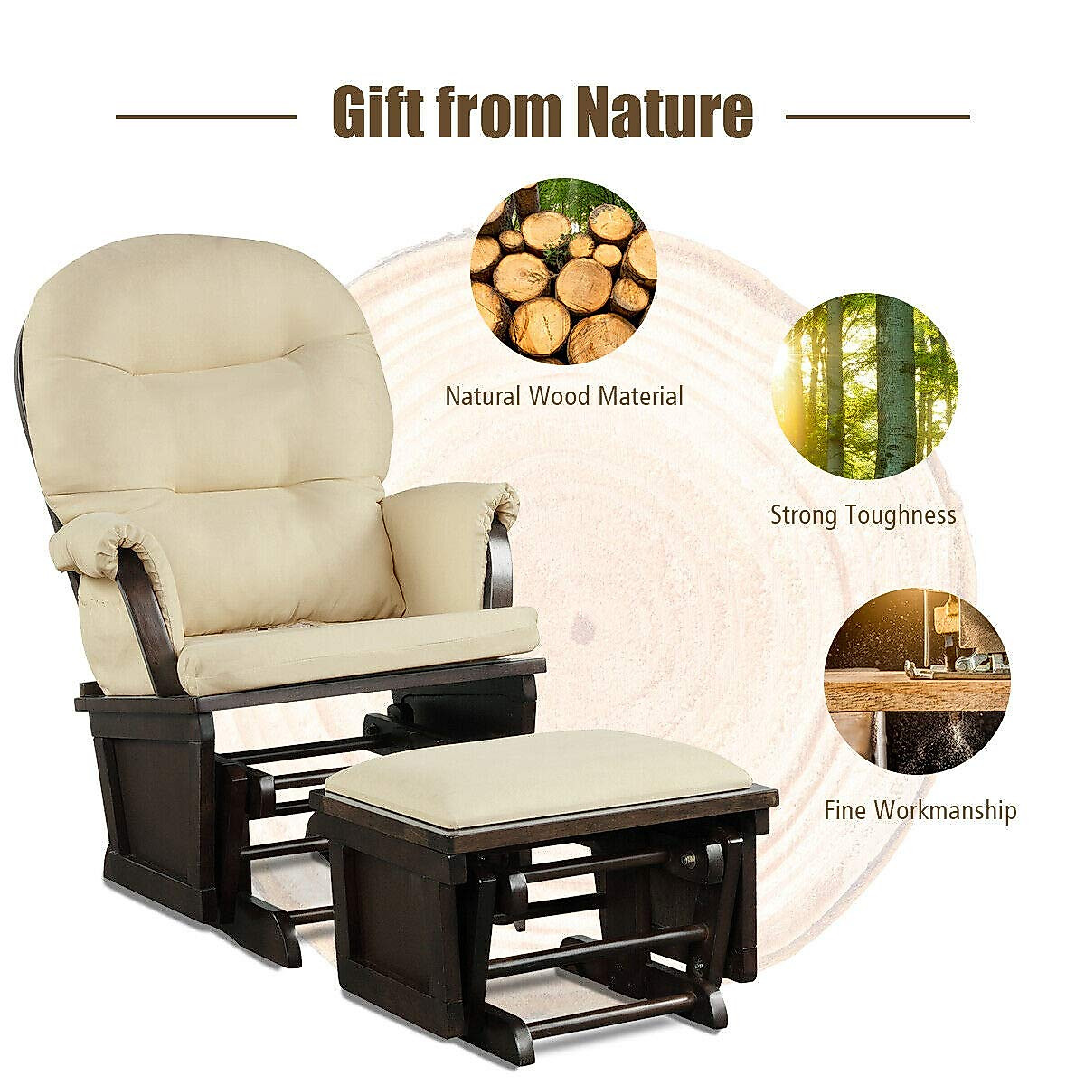 Enjoy Relaxing Home, Office, Sofa Recliner Deluxe Ergonomic Rocking Chair Lounge Glider Ottoman w/Footrest, Beige Brown