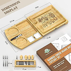 Cheese Board Charcuterie Board Set - Swiveling Wine Meat Cheese Platter Bamboo Cheese Server with Knives, Forks, Wine Opener, Ceramic Bowls for Gathering Party - Warming Gift for Women Friend