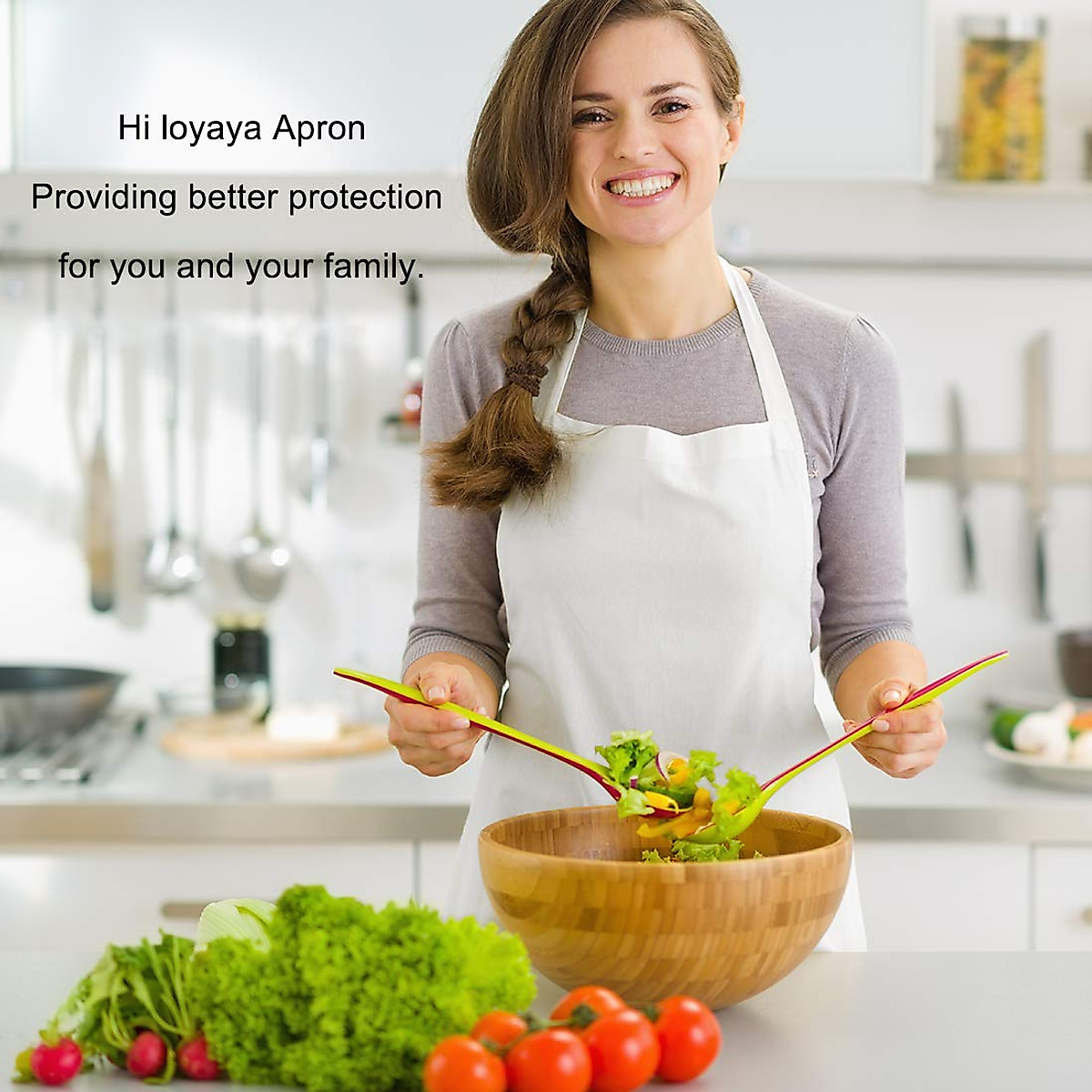 Hi loyaya 2 Pack White Apron and Chef hat, Cooking Kitchen Bib Aprons for Women Men Chef with Pockets for BBQ Grilling Baking (2, White)