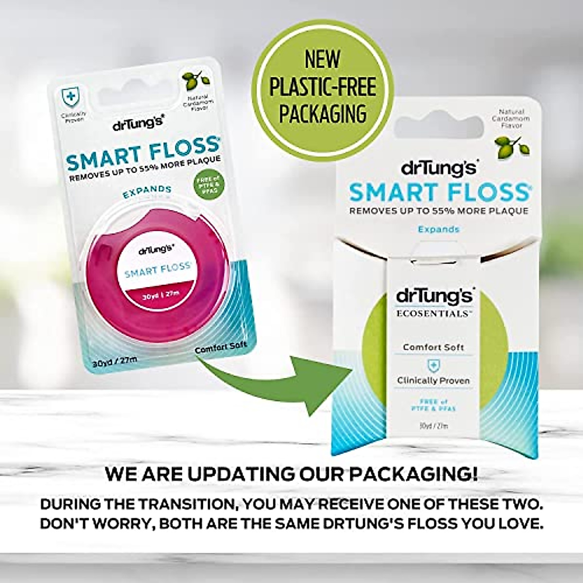 DrTung's Smart Floss - Natural Floss, PTFE & PFAS Free Floss, Gentle on Gums, Expands & Stretches, BPA Free Floss - Natural Dental Floss Cardamom Flavor (Pack of 3)