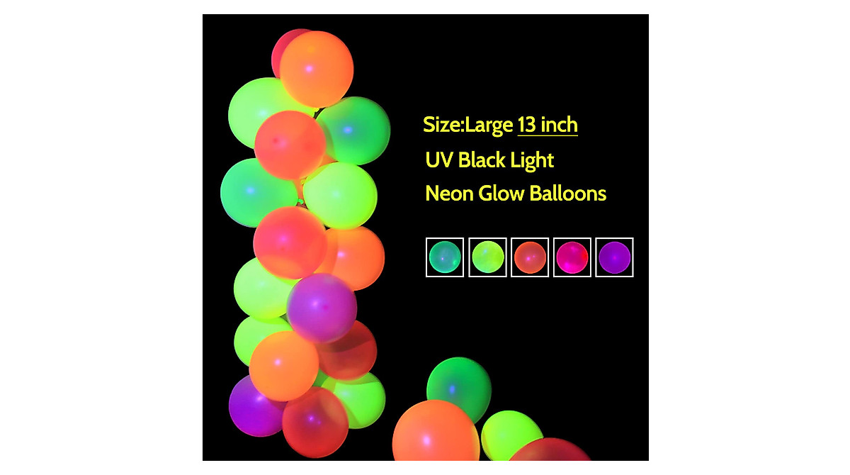 12inch Neon UV Balloons for Blacklight Parties - 5 Bright Colors