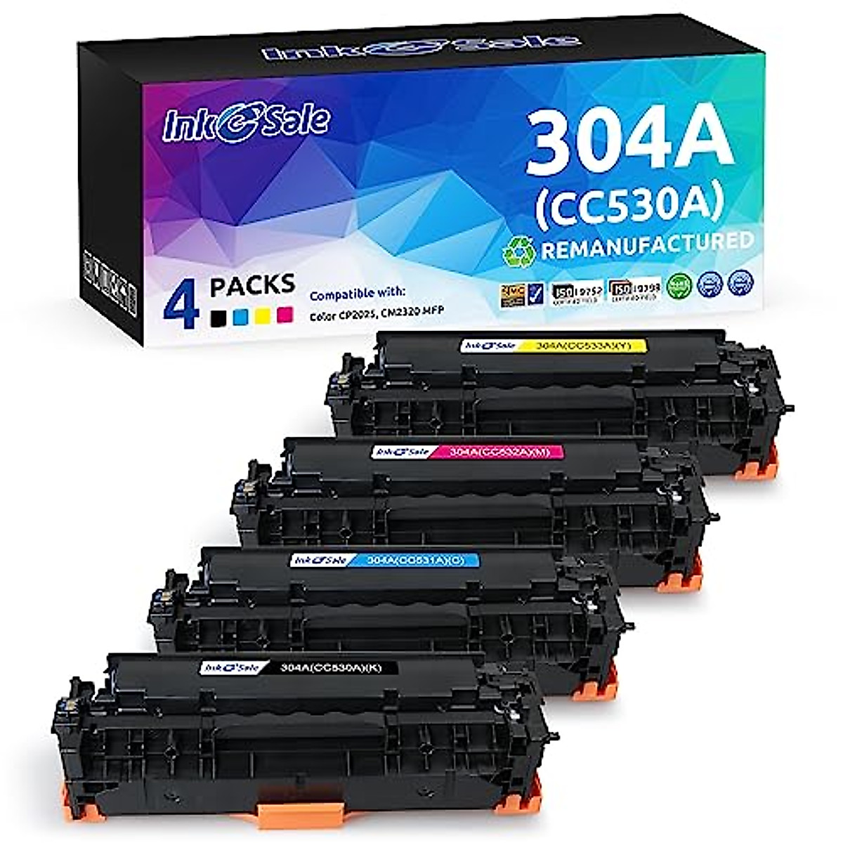 INK E-SALE Remanufactured Toner Cartridge Replacement for 304A CC530A CC531A CC532A CC533A Canon 118 for HP Color Laserjet CP2025dn CP2025n CM2320fxi, Canon ImageCLASS MF726Cdw LBP7660Cdn 4 Pack